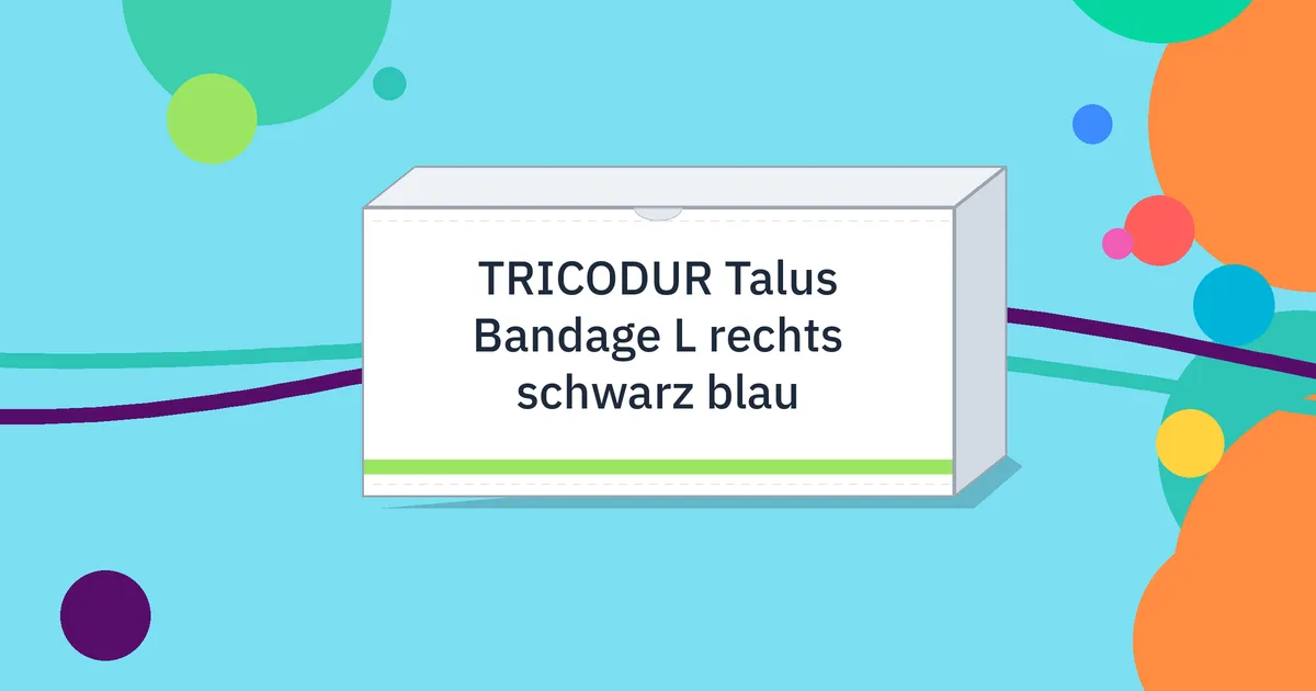 Symbolbild: Packung mit der Aufschrift TRICODUR Talus Bandage L rechts schwarz blau (PZN 03094591) – Verfügbarkeit und Bezug in Apotheken in Frankfurt am Main
