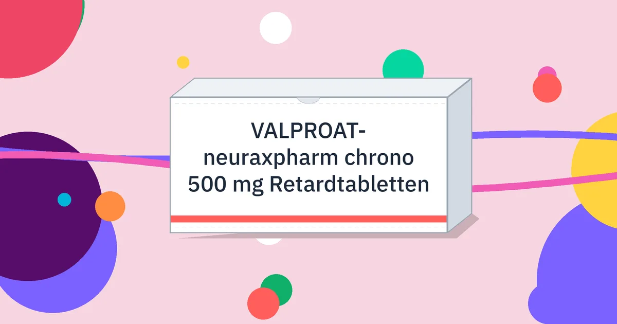 Symbolbild: Packung mit der Aufschrift VALPROAT-neuraxpharm chrono 500 mg Retardtabletten (PZN 00951445) – Verfügbarkeit und Bezug in Apotheken in Frankfurt am Main