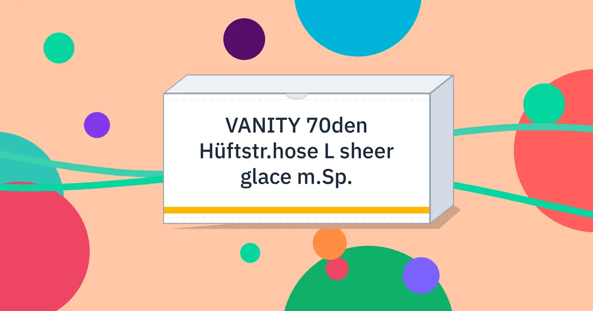 Symbolbild: Packung mit der Aufschrift VANITY 70den Hüftstr.hose L sheer glace m.Sp. (PZN 16188833) – Verfügbarkeit und Bezug in Apotheken in Frankfurt am Main
