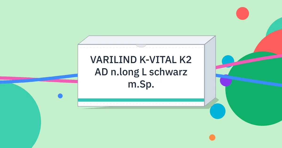 Symbolbild: Packung mit der Aufschrift VARILIND K-VITAL K2 AD n.long L schwarz m.Sp. (PZN 20568205) – Verfügbarkeit und Bezug in Apotheken in Frankfurt am Main