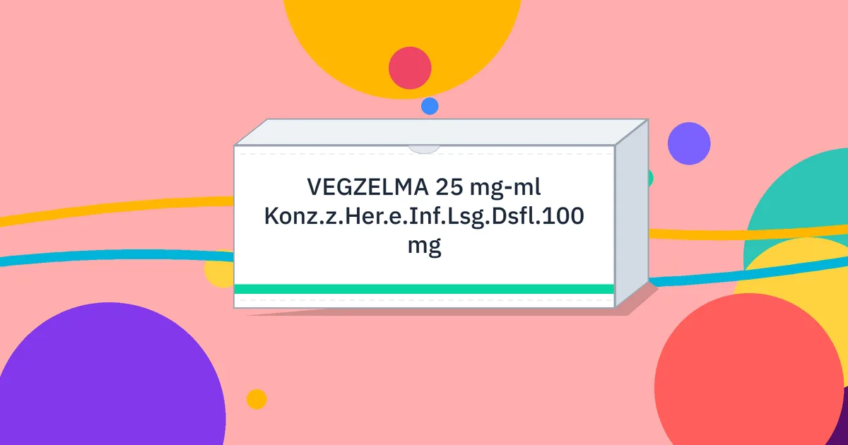 Symbolbild: Packung mit der Aufschrift VEGZELMA 25 mg-ml Konz.z.Her.e.Inf.Lsg.Dsfl.100 mg (PZN 19365402) – Verfügbarkeit und Bezug in Apotheken in Frankfurt am Main
