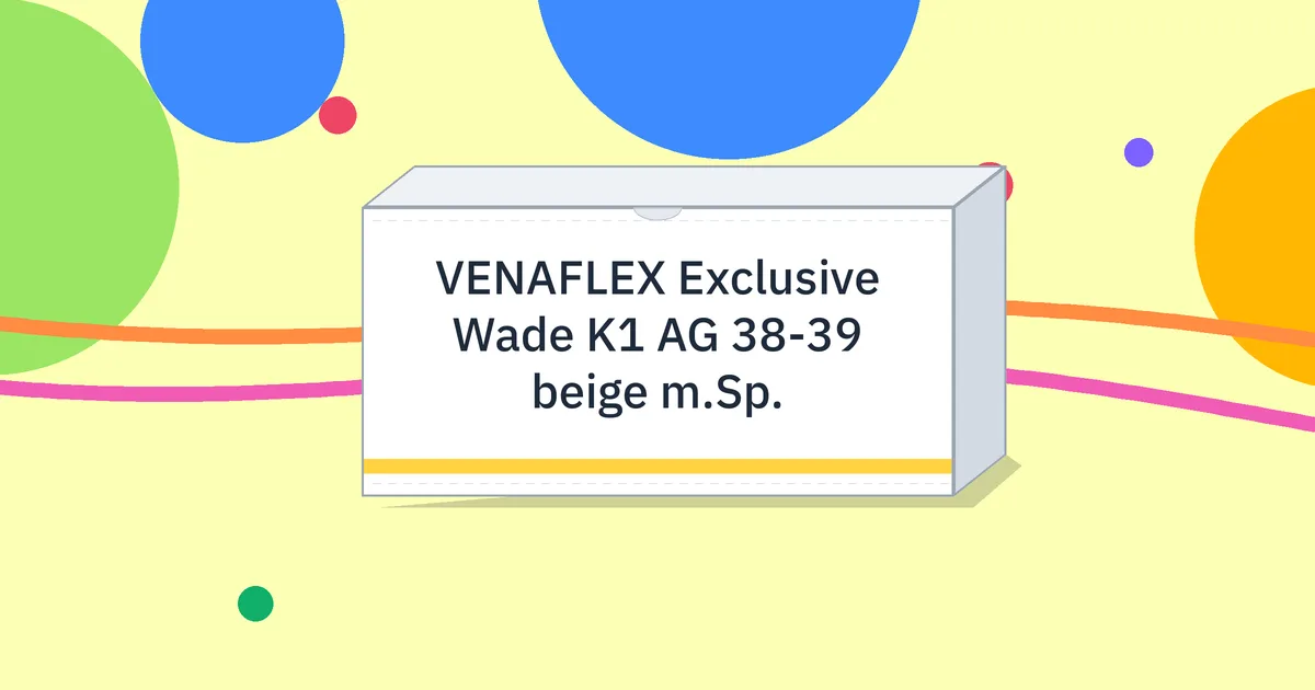 Symbolbild: Packung mit der Aufschrift VENAFLEX Exclusive Wade K1 AG 38-39 beige m.Sp. (PZN 18309175) – Verfügbarkeit und Bezug in Apotheken in Frankfurt am Main