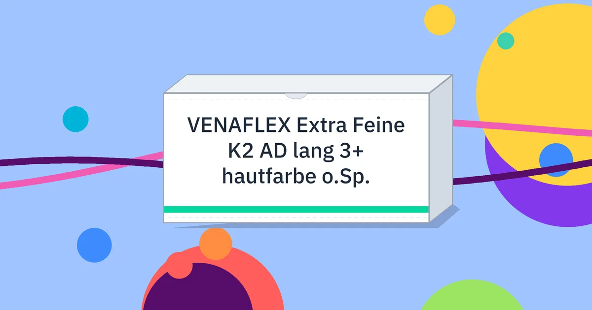 Symbolbild: Packung mit der Aufschrift VENAFLEX Extra Feine K2 AD lang 3+ hautfarbe o.Sp. (PZN 18308158) – Verfügbarkeit und Bezug in Apotheken in Frankfurt am Main