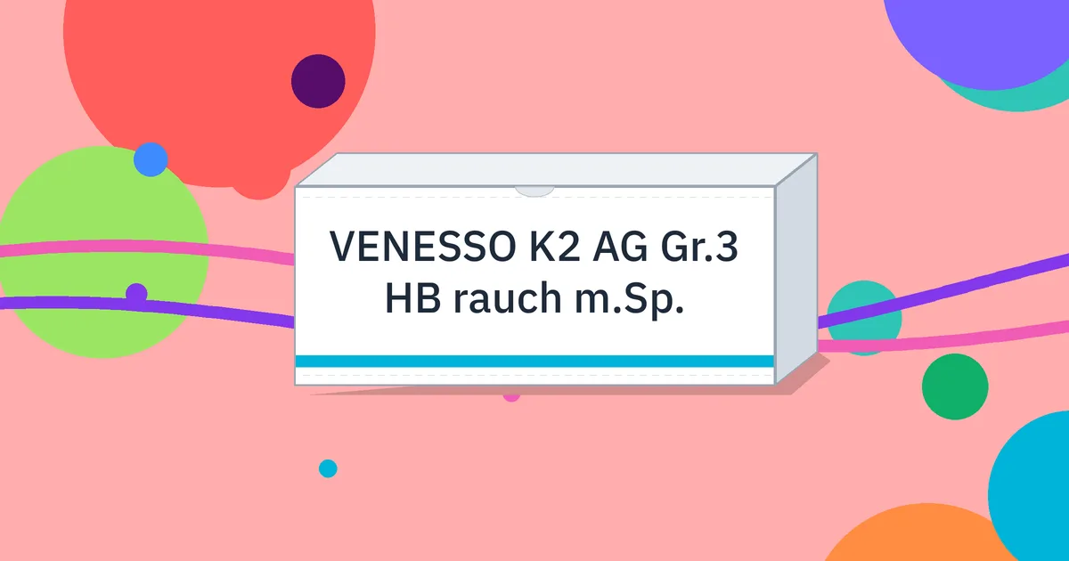 Symbolbild: Packung mit der Aufschrift VENESSO K2 AG Gr.3 HB rauch m.Sp. (PZN 03262545) – Verfügbarkeit und Bezug in Apotheken in Frankfurt am Main