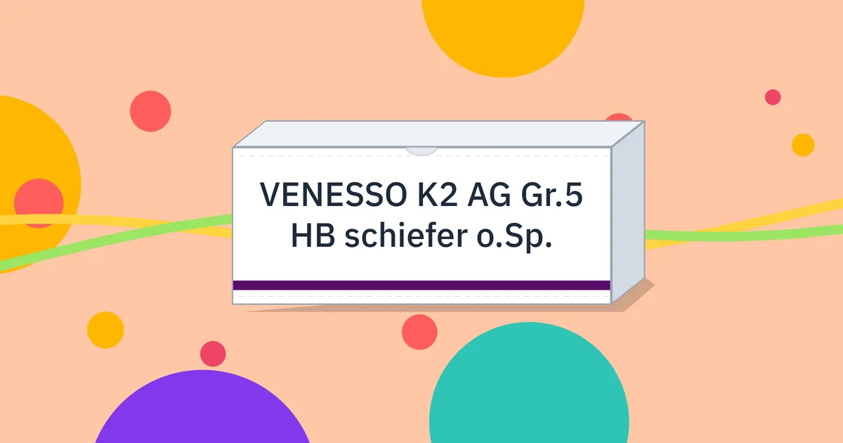 Symbolbild: Packung mit der Aufschrift VENESSO K2 AG Gr.5 HB schiefer o.Sp. (PZN 03265609) – Verfügbarkeit und Bezug in Apotheken in Frankfurt am Main