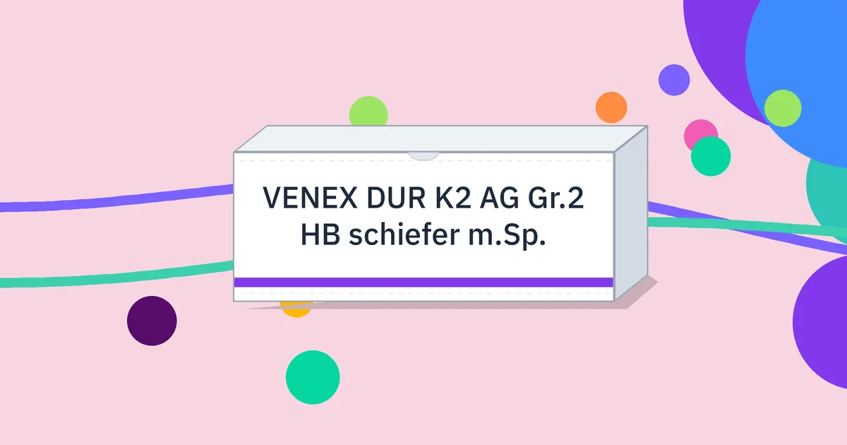 Symbolbild: Packung mit der Aufschrift VENEX DUR K2 AG Gr.2 HB schiefer m.Sp. (PZN 03218917) – Verfügbarkeit und Bezug in Apotheken in Frankfurt am Main