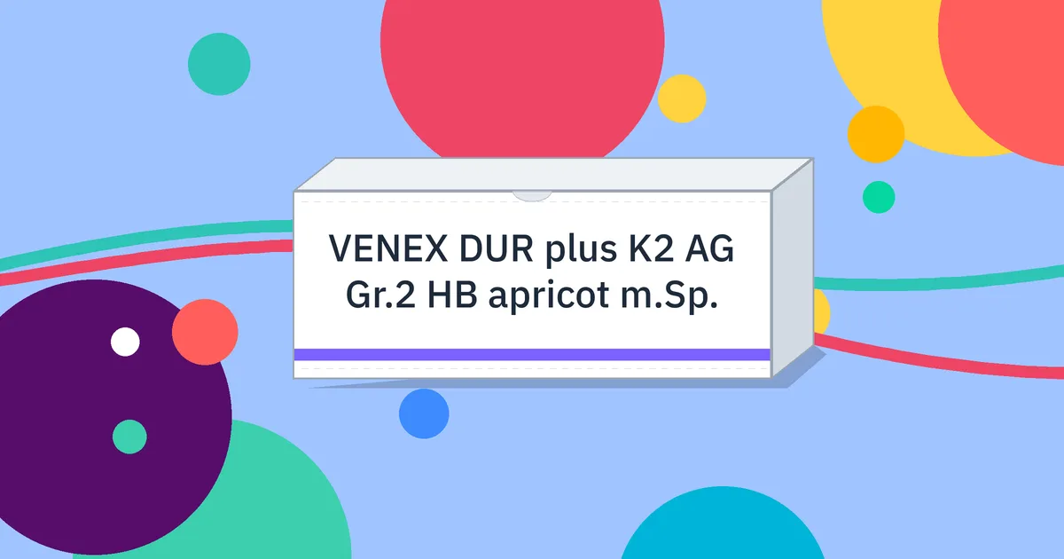 Symbolbild: Packung mit der Aufschrift VENEX DUR plus K2 AG Gr.2 HB apricot m.Sp. (PZN 03236513) – Verfügbarkeit und Bezug in Apotheken in Frankfurt am Main