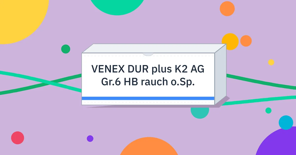Symbolbild: Packung mit der Aufschrift VENEX DUR plus K2 AG Gr.6 HB rauch o.Sp. (PZN 03237180) – Verfügbarkeit und Bezug in Apotheken in Frankfurt am Main