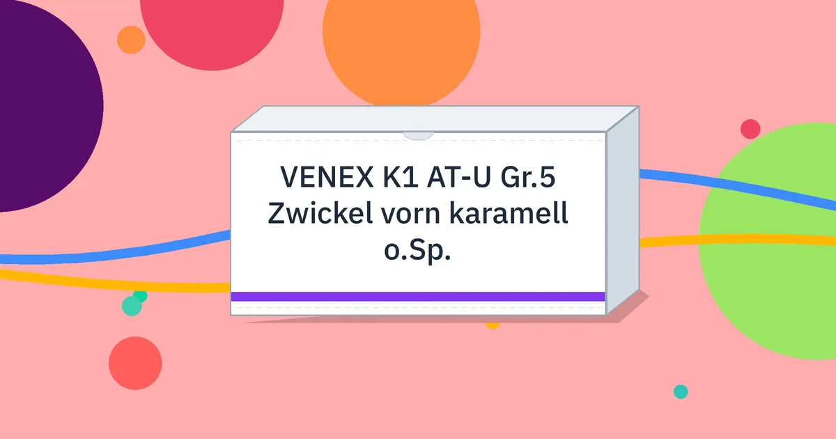 Symbolbild: Packung mit der Aufschrift VENEX K1 AT-U Gr.5 Zwickel vorn karamell o.Sp. (PZN 13759459) – Verfügbarkeit und Bezug in Apotheken in Frankfurt am Main