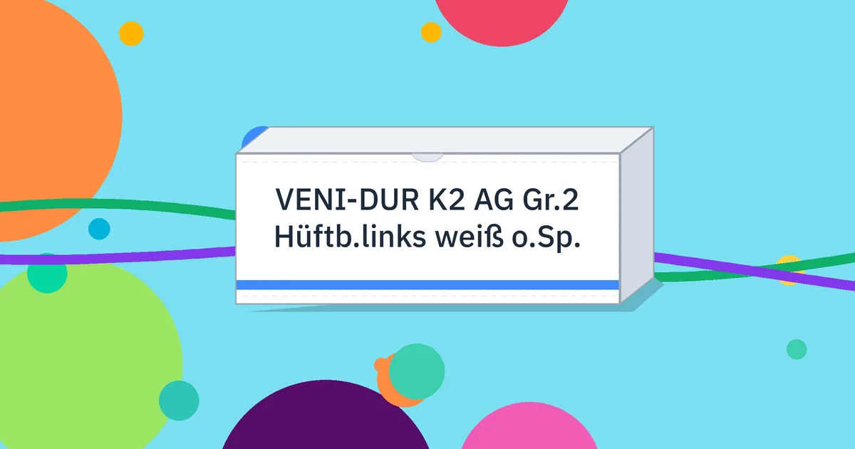 Symbolbild: Packung mit der Aufschrift VENI-DUR K2 AG Gr.2 Hüftb.links weiß o.Sp. (PZN 03254563) – Verfügbarkeit und Bezug in Apotheken in Frankfurt am Main