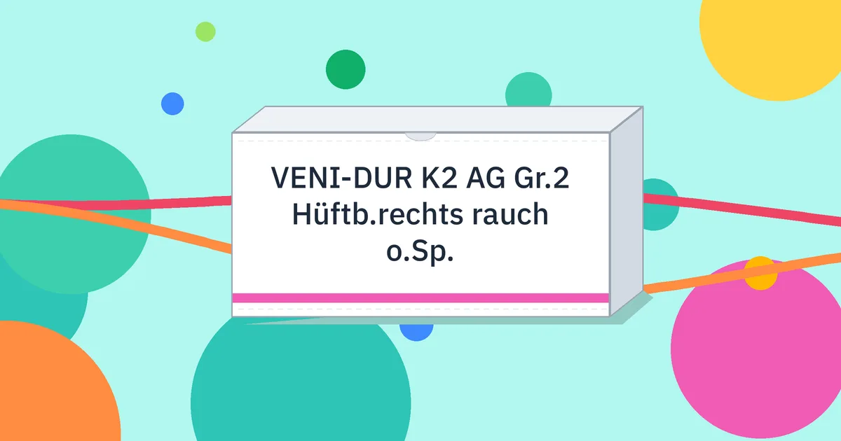 Symbolbild: Packung mit der Aufschrift VENI-DUR K2 AG Gr.2 Hüftb.rechts rauch o.Sp. (PZN 03253279) – Verfügbarkeit und Bezug in Apotheken in Frankfurt am Main