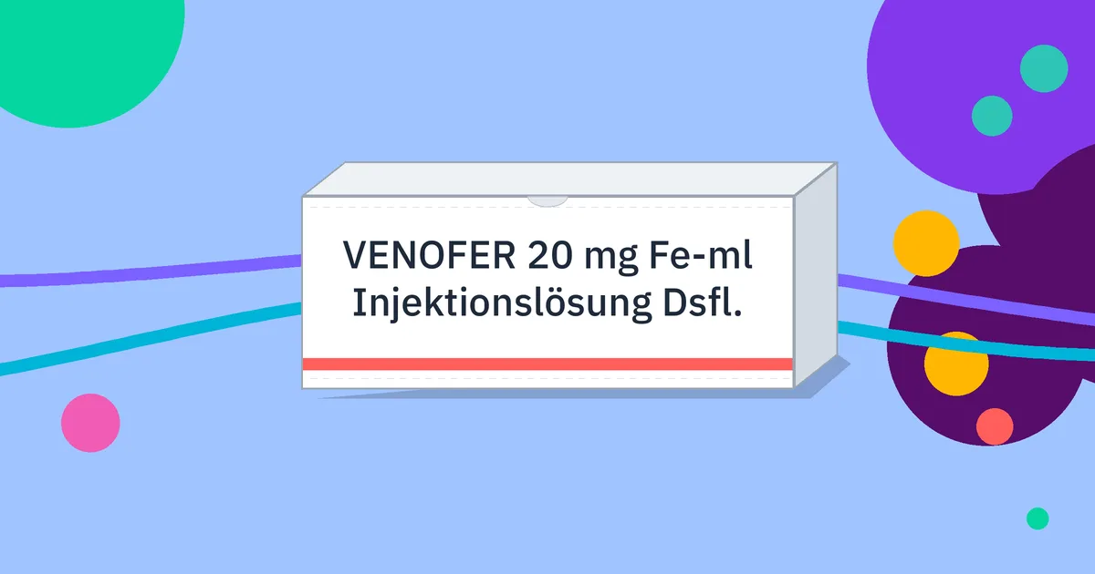 Symbolbild: Packung mit der Aufschrift VENOFER 20 mg Fe-ml Injektionslösung Dsfl. (PZN 10124022) – Verfügbarkeit und Bezug in Apotheken in Frankfurt am Main