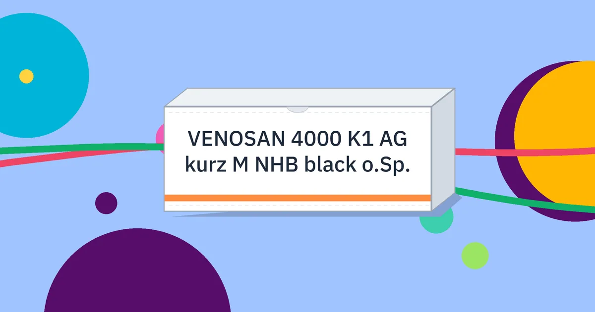 Symbolbild: Packung mit der Aufschrift VENOSAN 4000 K1 AG kurz M NHB black o.Sp. (PZN 14427038) – Verfügbarkeit und Bezug in Apotheken in Frankfurt am Main