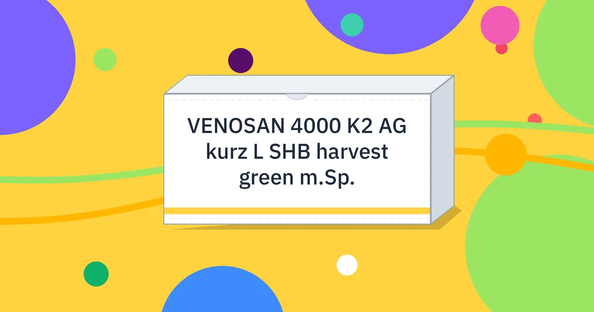 Symbolbild: Packung mit der Aufschrift VENOSAN 4000 K2 AG kurz L SHB harvest green m.Sp. (PZN 18847783) – Verfügbarkeit und Bezug in Apotheken in Frankfurt am Main