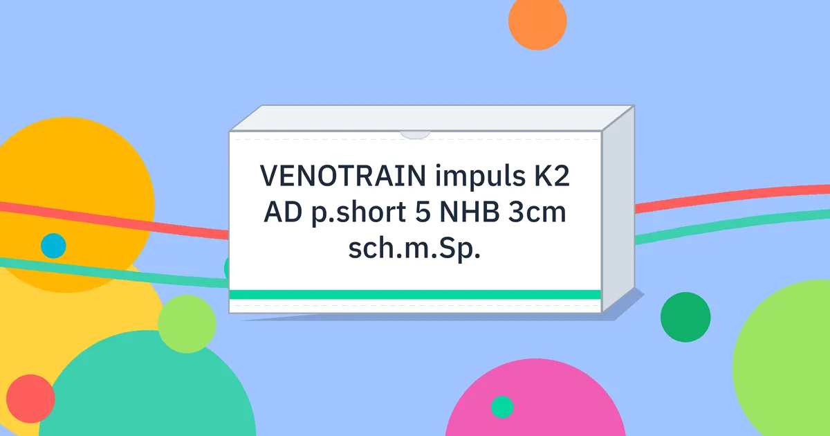 Symbolbild: Packung mit der Aufschrift VENOTRAIN impuls K2 AD p.short 5 NHB 3cm sch.m.Sp. (PZN 00651625) – Verfügbarkeit und Bezug in Apotheken in Frankfurt am Main
