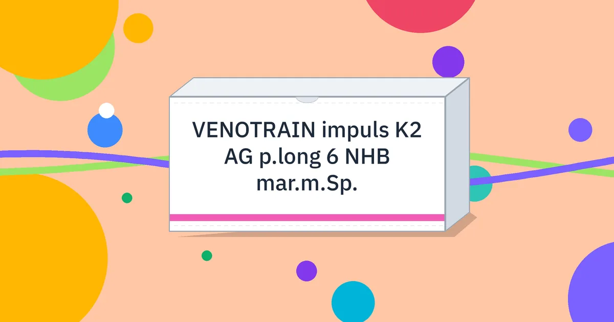 Symbolbild: Packung mit der Aufschrift VENOTRAIN impuls K2 AG p.long 6 NHB mar.m.Sp. (PZN 15214273) – Verfügbarkeit und Bezug in Apotheken in Frankfurt am Main
