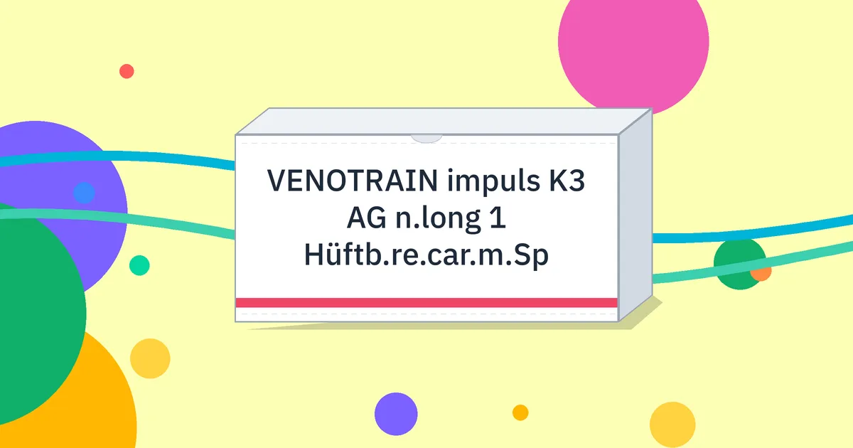 Symbolbild: Packung mit der Aufschrift VENOTRAIN impuls K3 AG n.long 1 Hüftb.re.car.m.Sp (PZN 10293575) – Verfügbarkeit und Bezug in Apotheken in Frankfurt am Main