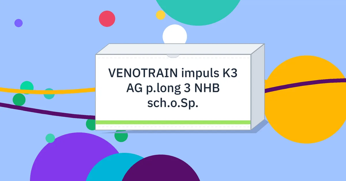 Symbolbild: Packung mit der Aufschrift VENOTRAIN impuls K3 AG p.long 3 NHB sch.o.Sp. (PZN 00542600) – Verfügbarkeit und Bezug in Apotheken in Frankfurt am Main