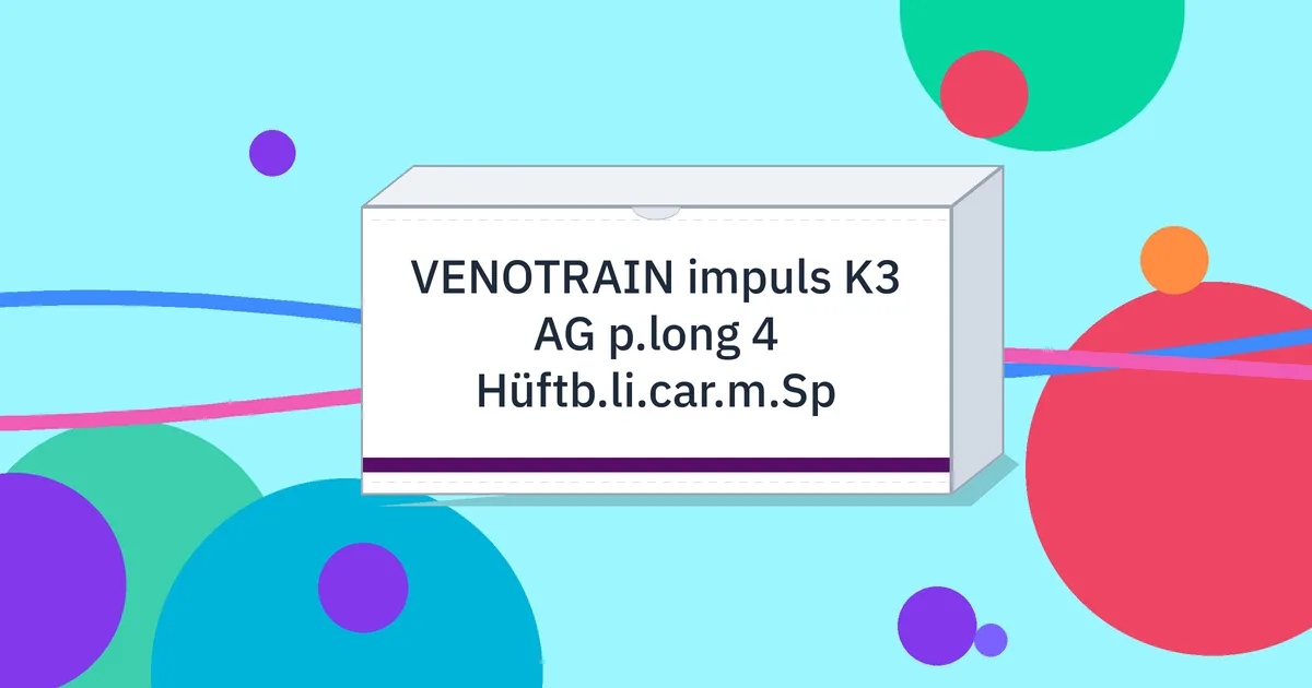 Symbolbild: Packung mit der Aufschrift VENOTRAIN impuls K3 AG p.long 4 Hüftb.li.car.m.Sp (PZN 10295522) – Verfügbarkeit und Bezug in Apotheken in Frankfurt am Main
