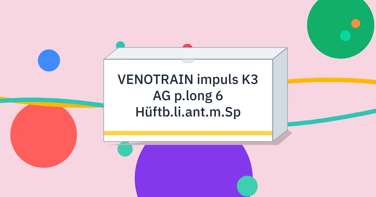 Symbolbild: Packung mit der Aufschrift VENOTRAIN impuls K3 AG p.long 6 Hüftb.li.ant.m.Sp (PZN 15220730) – Verfügbarkeit und Bezug in Apotheken in Frankfurt am Main