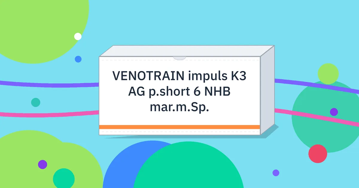 Symbolbild: Packung mit der Aufschrift VENOTRAIN impuls K3 AG p.short 6 NHB mar.m.Sp. (PZN 15215410) – Verfügbarkeit und Bezug in Apotheken in Frankfurt am Main