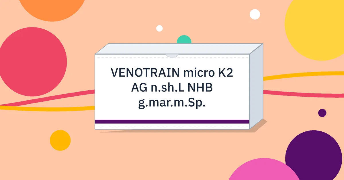 Symbolbild: Packung mit der Aufschrift VENOTRAIN micro K2 AG n.sh.L NHB g.mar.m.Sp. (PZN 04647336) – Verfügbarkeit und Bezug in Apotheken in Frankfurt am Main