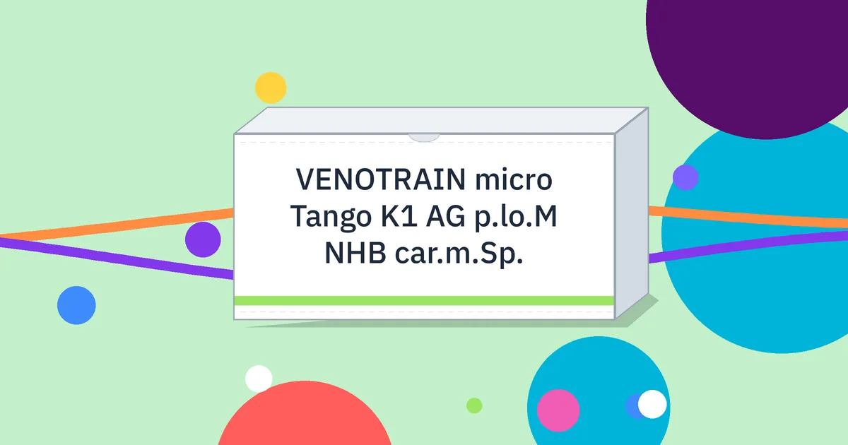 Symbolbild: Packung mit der Aufschrift VENOTRAIN micro Tango K1 AG p.lo.M NHB car.m.Sp. (PZN 17763854) – Verfügbarkeit und Bezug in Apotheken in Frankfurt am Main