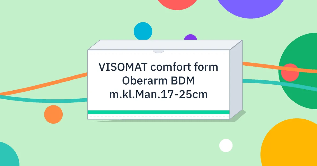 Symbolbild: Packung mit der Aufschrift VISOMAT comfort form Oberarm BDM m.kl.Man.17-25cm (PZN 19367252) – Verfügbarkeit und Bezug in Apotheken in Frankfurt am Main