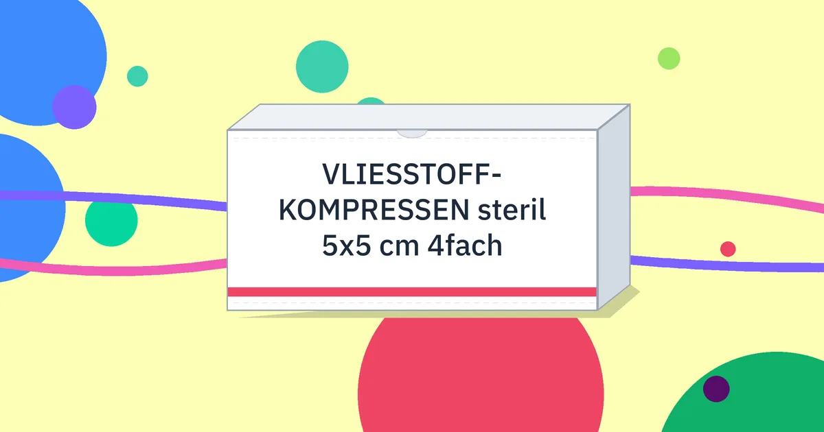 Symbolbild: Packung mit der Aufschrift VLIESSTOFF-KOMPRESSEN steril 5x5 cm 4fach (PZN 06310291) – Verfügbarkeit und Bezug in Apotheken in Frankfurt am Main