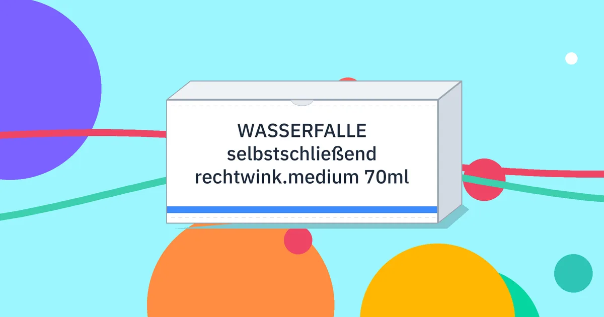 Symbolbild: Packung mit der Aufschrift WASSERFALLE selbstschließend rechtwink.medium 70ml (PZN 17431715) – Verfügbarkeit und Bezug in Apotheken in Frankfurt am Main