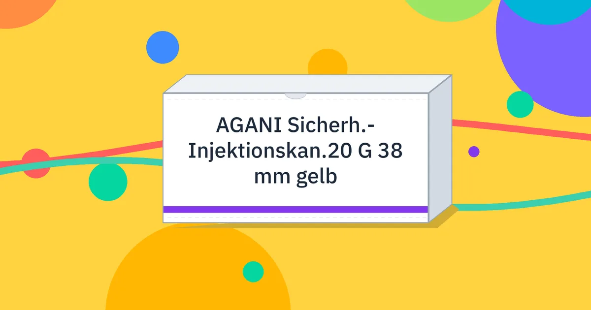 Symbolbild: Packung mit der Aufschrift AGANI Sicherh.-Injektionskan.20 G 38 mm gelb (PZN 17630395) – Verfügbarkeit und Bezug in Apotheken in Frankfurt am Main