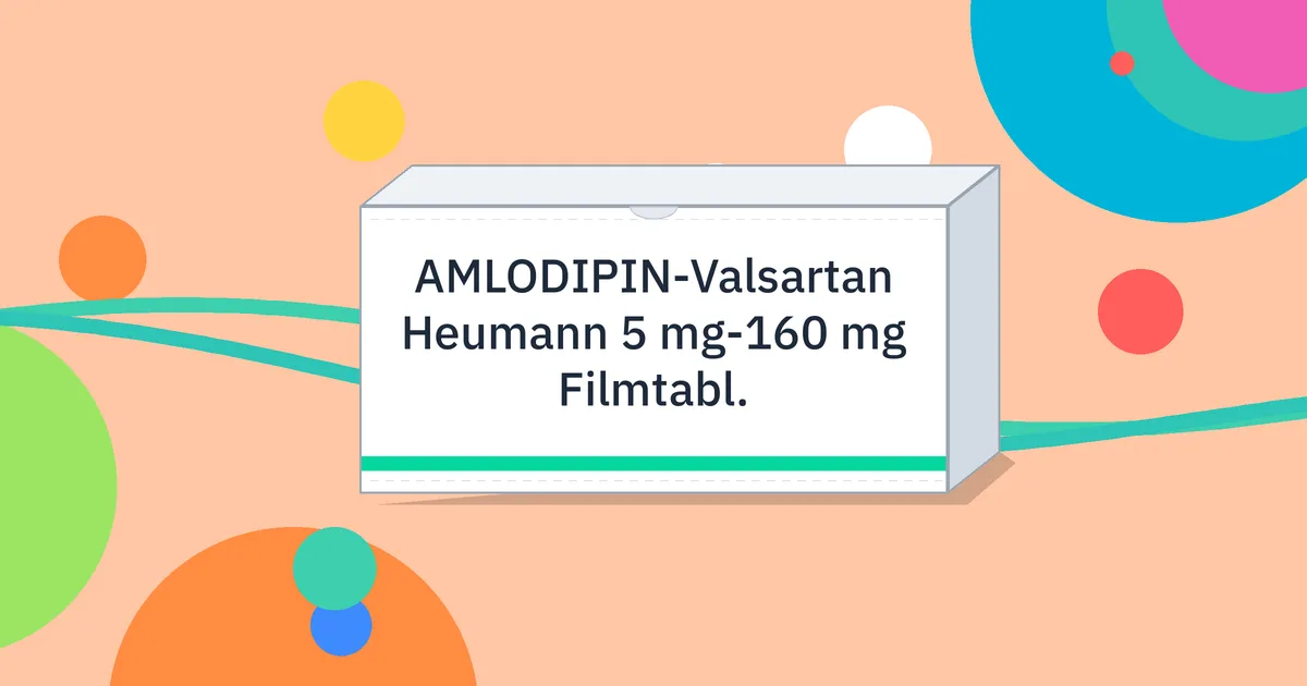 Symbolbild: Packung mit der Aufschrift AMLODIPIN-Valsartan Heumann 5 mg-160 mg Filmtabl. (PZN 14214934) – Verfügbarkeit und Bezug in Apotheken in Frankfurt am Main