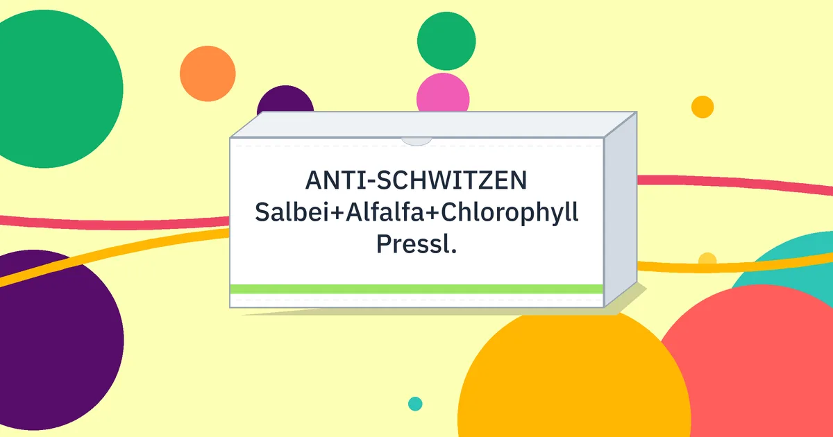 Symbolbild: Packung mit der Aufschrift ANTI-SCHWITZEN Salbei+Alfalfa+Chlorophyll Pressl. (PZN 15246994) – Verfügbarkeit und Bezug in Apotheken in Frankfurt am Main