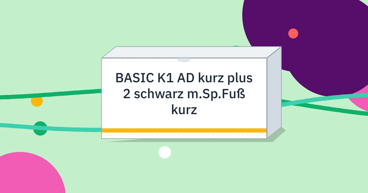 Symbolbild: Packung mit der Aufschrift BASIC K1 AD kurz plus 2 schwarz m.Sp.Fuß kurz (PZN 20257391) – Verfügbarkeit und Bezug in Apotheken in Frankfurt am Main
