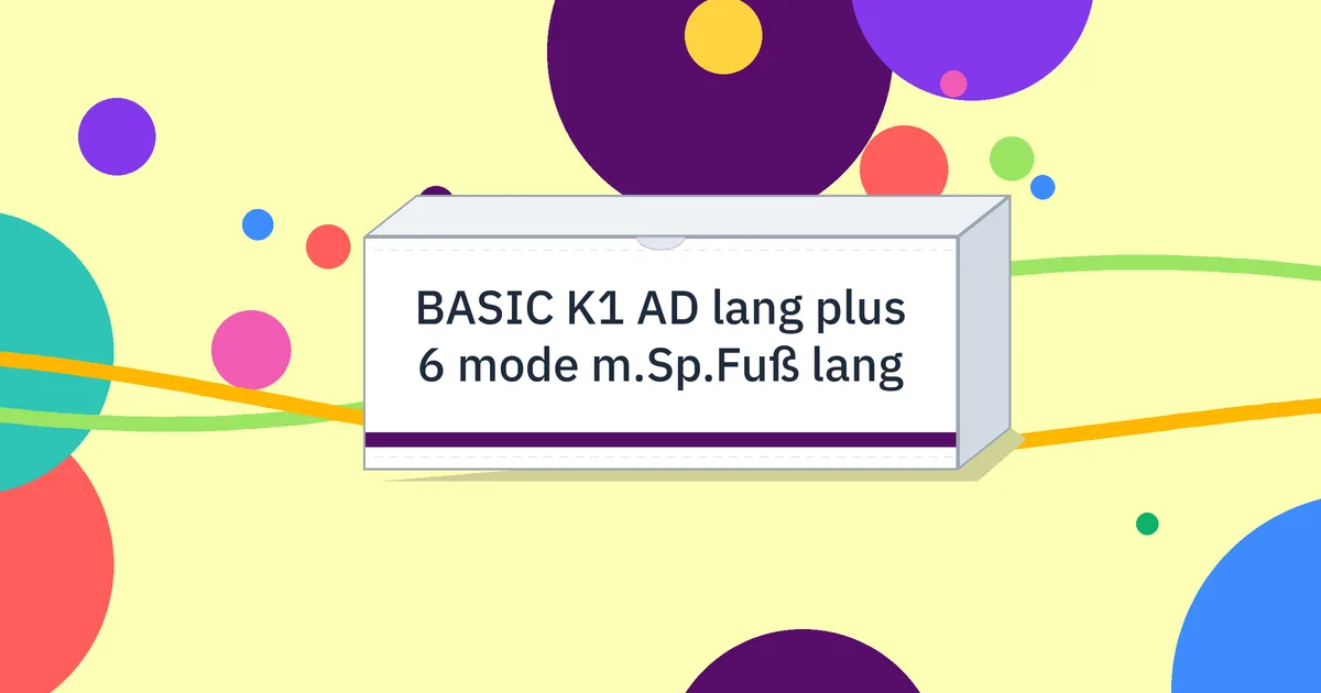 Symbolbild: Packung mit der Aufschrift BASIC K1 AD lang plus 6 mode m.Sp.Fuß lang (PZN 20259421) – Verfügbarkeit und Bezug in Apotheken in Frankfurt am Main