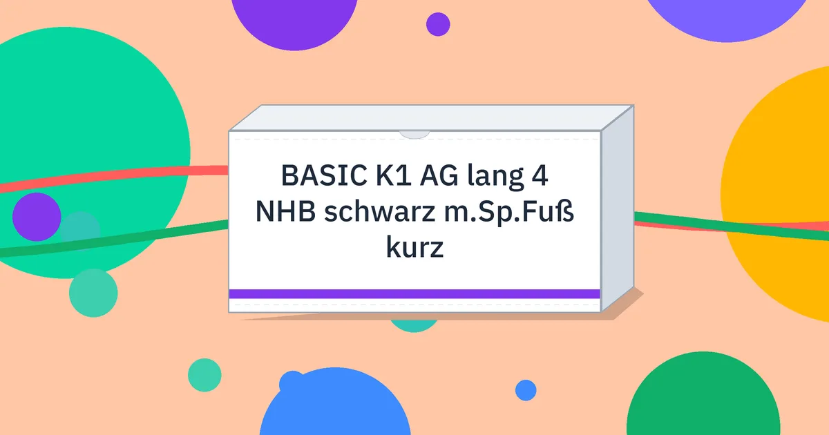 Symbolbild: Packung mit der Aufschrift BASIC K1 AG lang 4 NHB schwarz m.Sp.Fuß kurz (PZN 20260766) – Verfügbarkeit und Bezug in Apotheken in Frankfurt am Main
