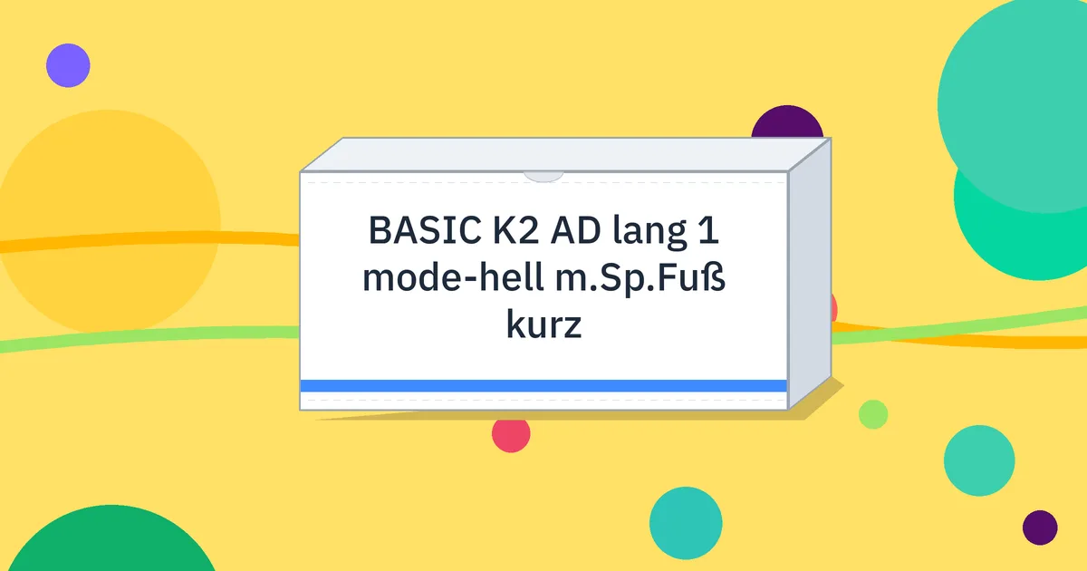 Symbolbild: Packung mit der Aufschrift BASIC K2 AD lang 1 mode-hell m.Sp.Fuß kurz (PZN 20263552) – Verfügbarkeit und Bezug in Apotheken in Frankfurt am Main