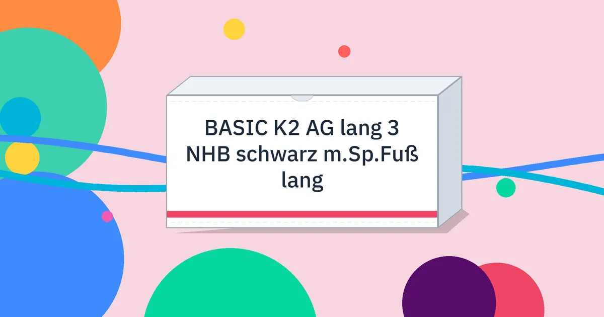 Symbolbild: Packung mit der Aufschrift BASIC K2 AG lang 3 NHB schwarz m.Sp.Fuß lang (PZN 20266958) – Verfügbarkeit und Bezug in Apotheken in Frankfurt am Main
