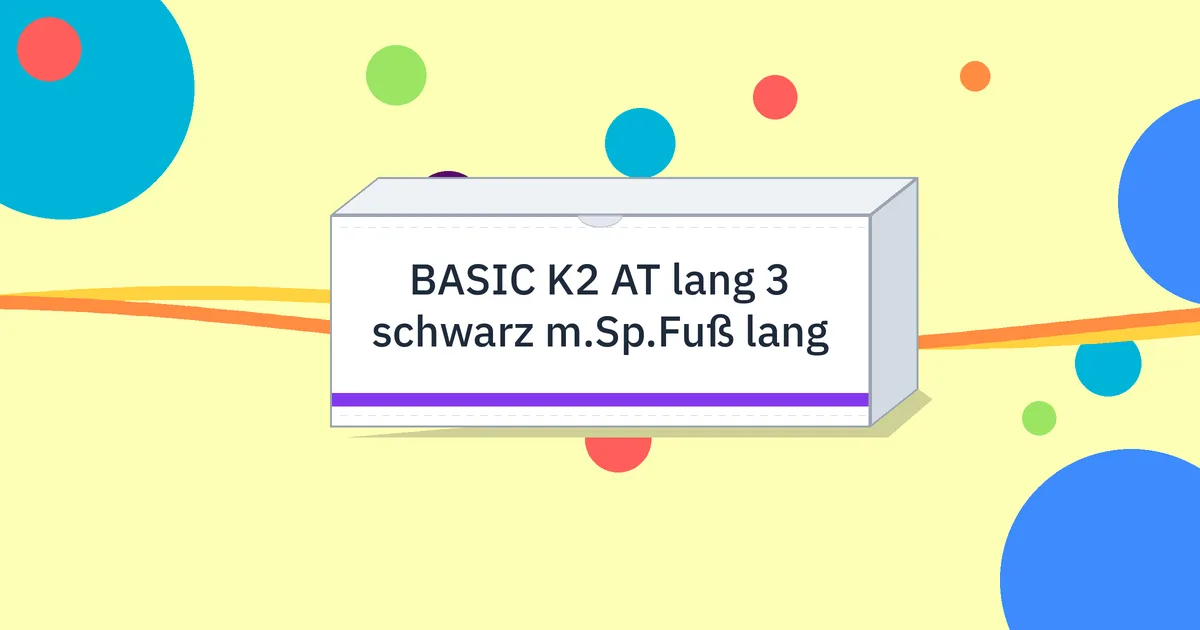 Symbolbild: Packung mit der Aufschrift BASIC K2 AT lang 3 schwarz m.Sp.Fuß lang (PZN 20269129) – Verfügbarkeit und Bezug in Apotheken in Frankfurt am Main