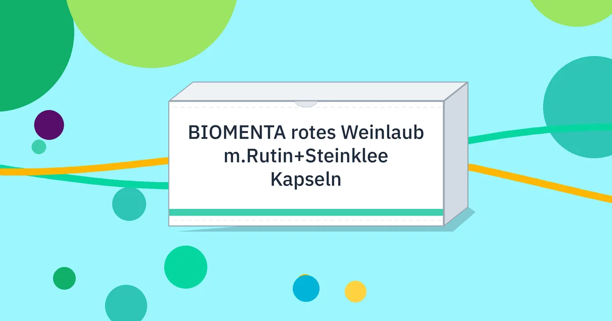 Symbolbild: Packung mit der Aufschrift BIOMENTA rotes Weinlaub m.Rutin+Steinklee Kapseln (PZN 17397616) – Verfügbarkeit und Bezug in Apotheken in Frankfurt am Main