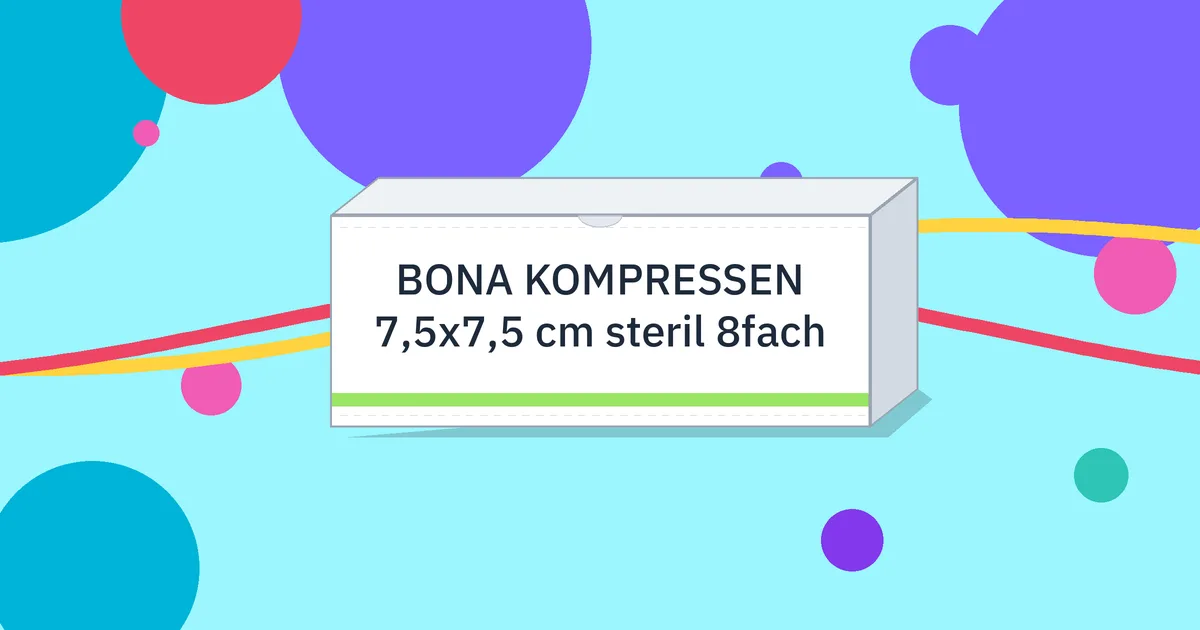 Symbolbild: Packung mit der Aufschrift BONA KOMPRESSEN 7,5x7,5 cm steril 8fach (PZN 02404517) – Verfügbarkeit und Bezug in Apotheken in Frankfurt am Main