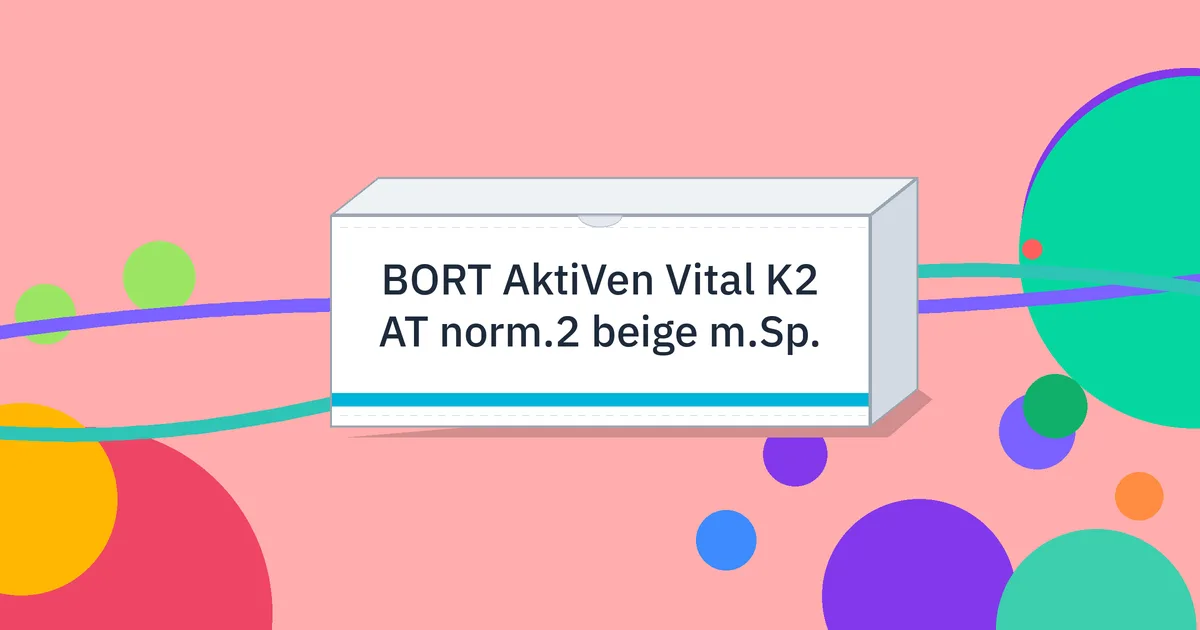 Symbolbild: Packung mit der Aufschrift BORT AktiVen Vital K2 AT norm.2 beige m.Sp. (PZN 13739149) – Verfügbarkeit und Bezug in Apotheken in Frankfurt am Main