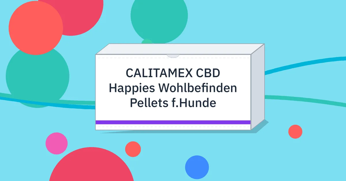 Symbolbild: Packung mit der Aufschrift CALITAMEX CBD Happies Wohlbefinden Pellets f.Hunde (PZN 19649157) – Verfügbarkeit und Bezug in Apotheken in Frankfurt am Main