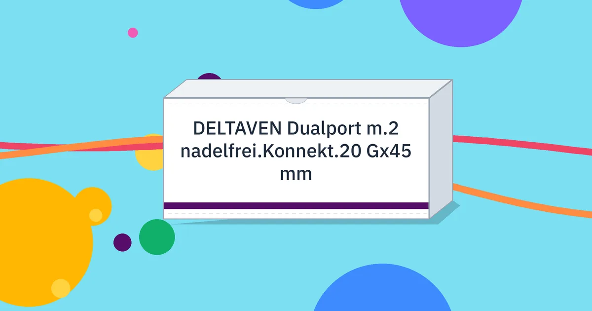 Symbolbild: Packung mit der Aufschrift DELTAVEN Dualport m.2 nadelfrei.Konnekt.20 Gx45 mm (PZN 20365436) – Verfügbarkeit und Bezug in Apotheken in Frankfurt am Main