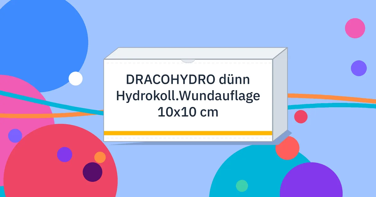 Symbolbild: Packung mit der Aufschrift DRACOHYDRO dünn Hydrokoll.Wundauflage 10x10 cm (PZN 02065446) – Verfügbarkeit und Bezug in Apotheken in Frankfurt am Main