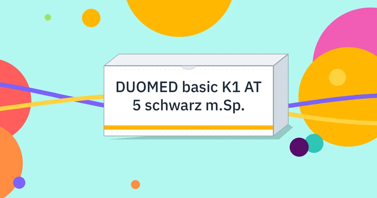 Symbolbild: Packung mit der Aufschrift DUOMED basic K1 AT 5 schwarz m.Sp. (PZN 20902791) – Verfügbarkeit und Bezug in Apotheken in Frankfurt am Main