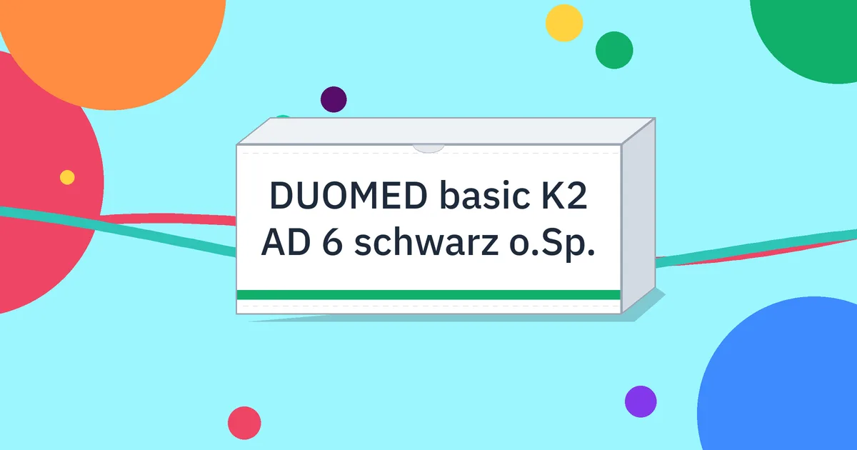 Symbolbild: Packung mit der Aufschrift DUOMED basic K2 AD 6 schwarz o.Sp. (PZN 20906820) – Verfügbarkeit und Bezug in Apotheken in Frankfurt am Main
