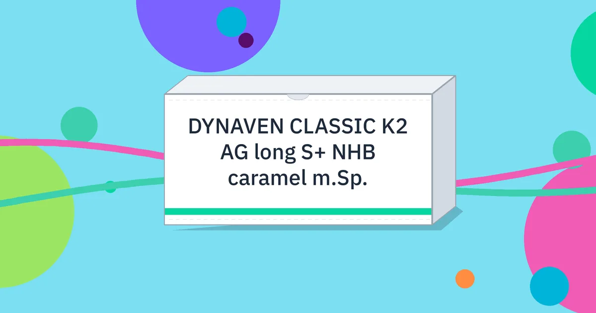 Symbolbild: Packung mit der Aufschrift DYNAVEN CLASSIC K2 AG long S+ NHB caramel m.Sp. (PZN 18418786) – Verfügbarkeit und Bezug in Apotheken in Frankfurt am Main