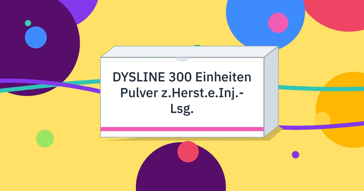 Symbolbild: Packung mit der Aufschrift DYSLINE 300 Einheiten Pulver z.Herst.e.Inj.-Lsg. (PZN 18256533) – Verfügbarkeit und Bezug in Apotheken in Frankfurt am Main