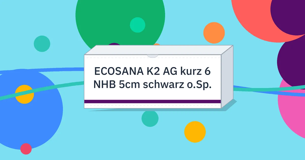 Symbolbild: Packung mit der Aufschrift ECOSANA K2 AG kurz 6 NHB 5cm schwarz o.Sp. (PZN 01487240) – Verfügbarkeit und Bezug in Apotheken in Frankfurt am Main
